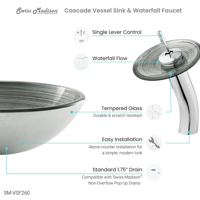 Swiss Madison Cascade Tempered Glass Circular Vessel Bathroom Sink with Faucet & Reviews ...